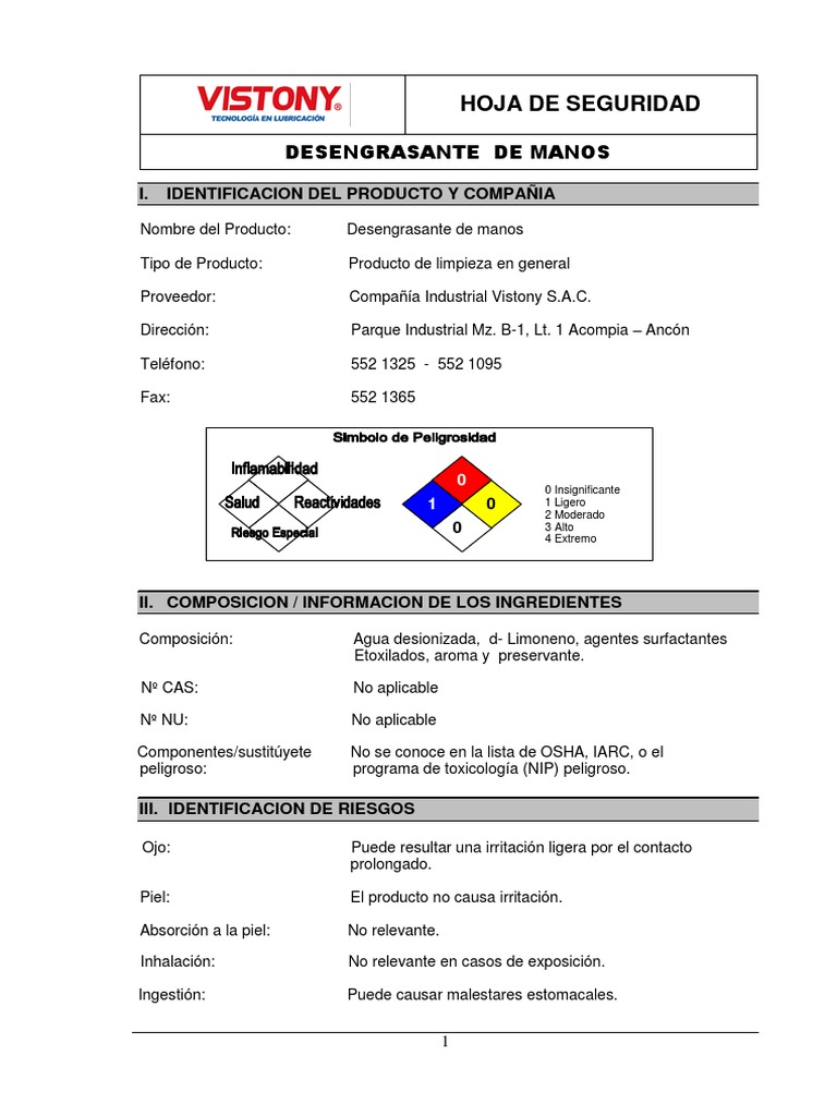 Hoja de Seguridad: Desengrasante de Manos | PDF | Solubilidad | Agua