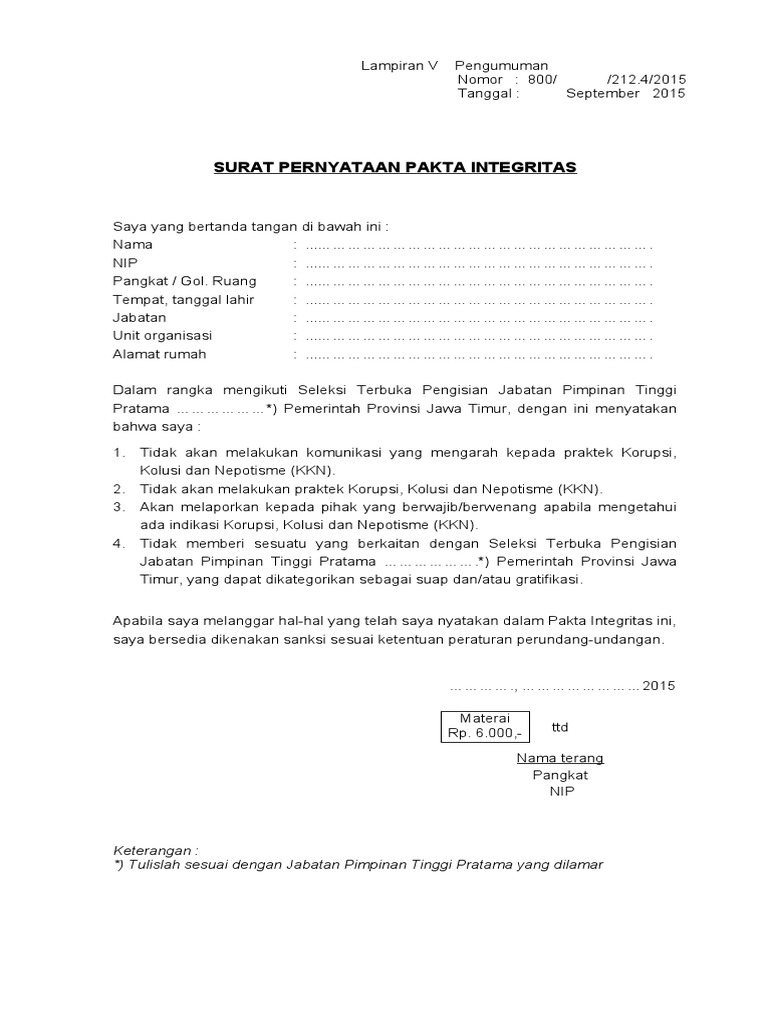 Surat Pernyataan Pakta Integritas | PDF | Hukum