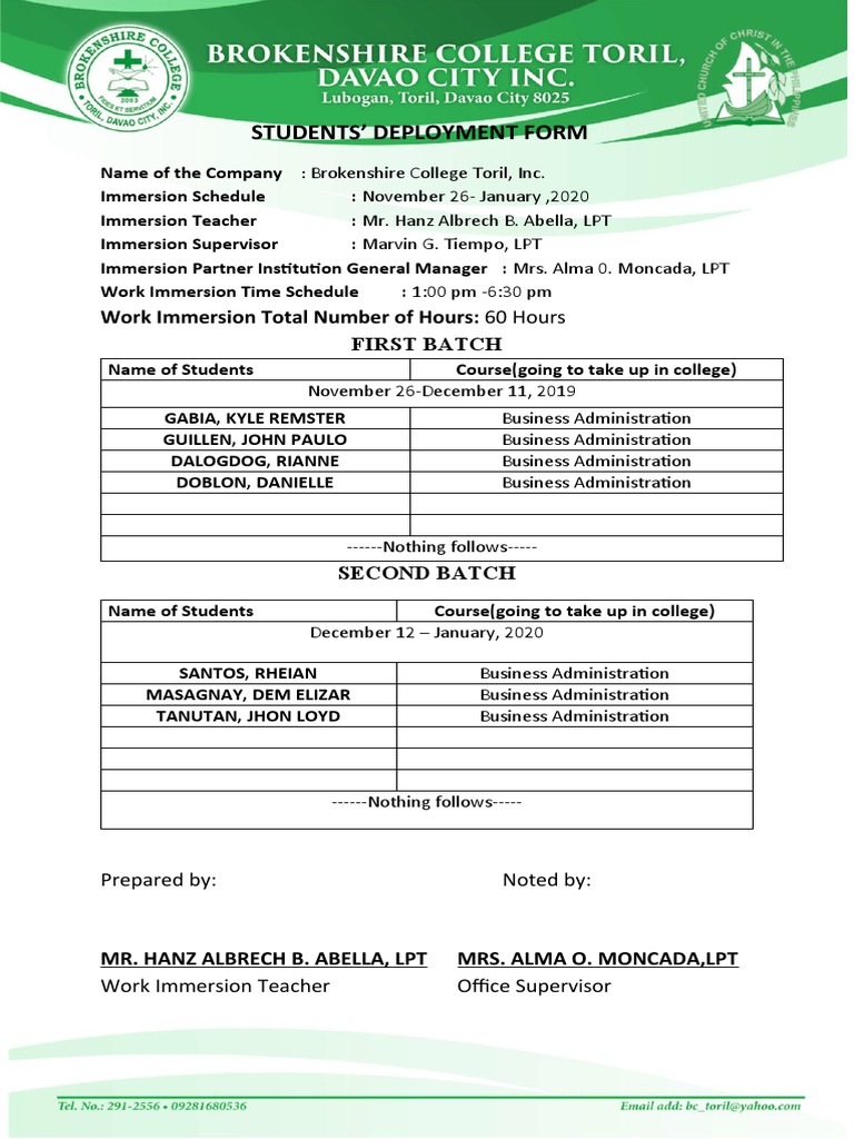Students' Deployment Form: Work Immersion Total Number of Hours: First ...