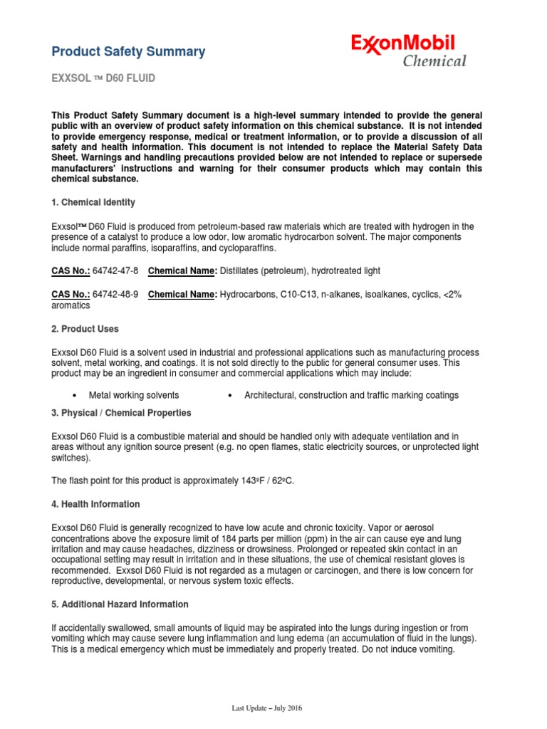 Product Safety Summary: Exxsol D60 Fluid | PDF | Toxicity | Chemical ...