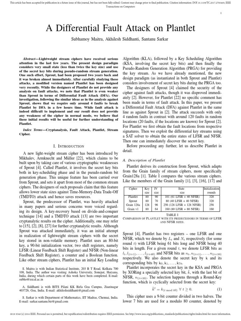 A Differential Fault Attack On Plantlet: Subhamoy Maitra, Akhilesh ...