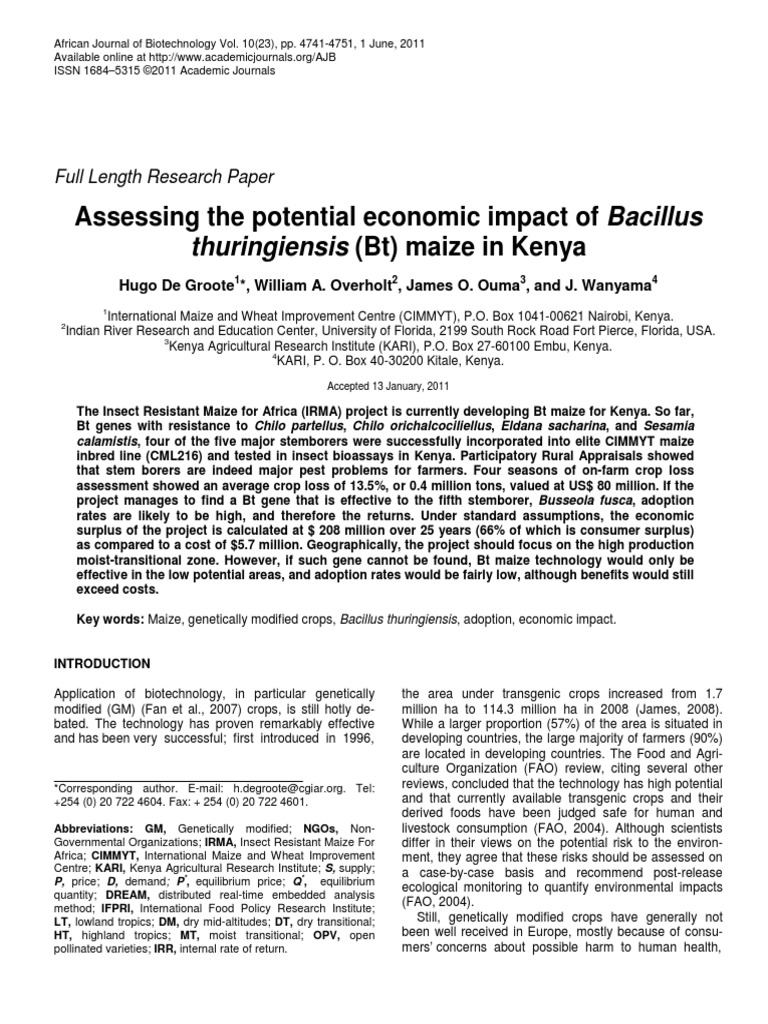 Assessing The Potential Economic Impact of Bacillus Thuringiensis (BT ...
