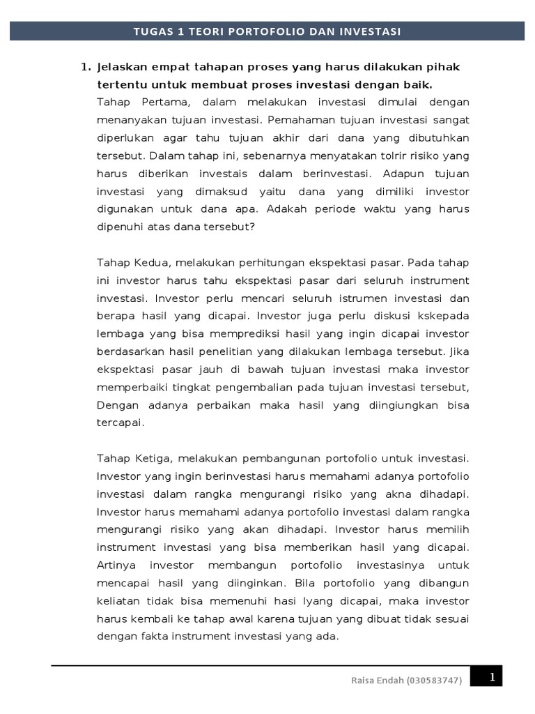 Tugas 1 Teori Portofolio Dan Investasi | PDF