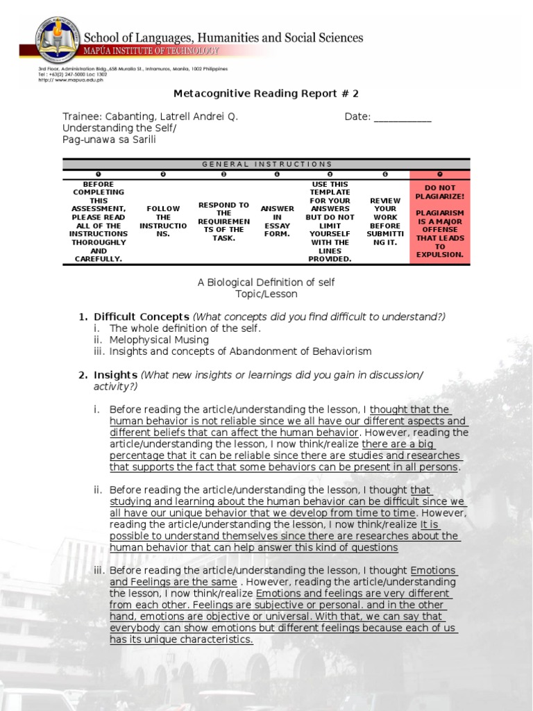 Metacognitive Reading Report # 2: General Instructions | PDF | Self | Metacognition