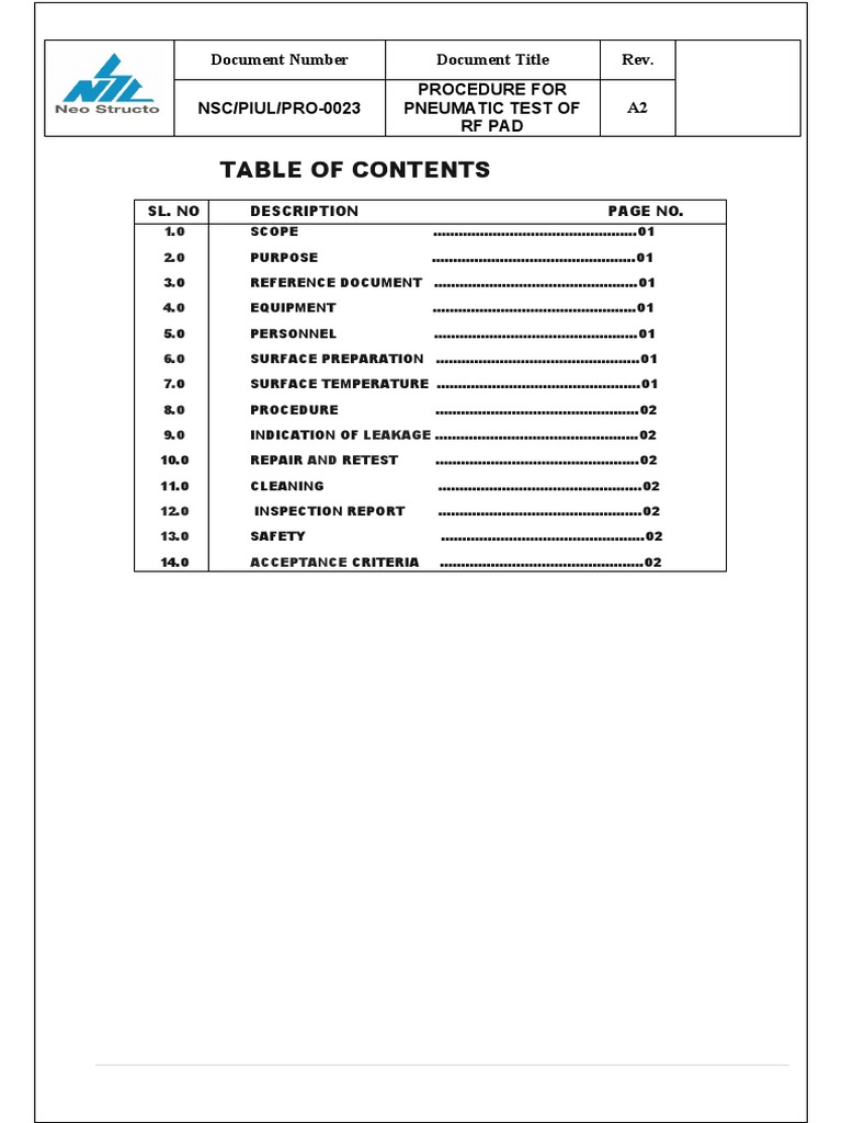 Document Number Document Title Rev. NSC/PIUL/PRO-0023 Procedure For ...