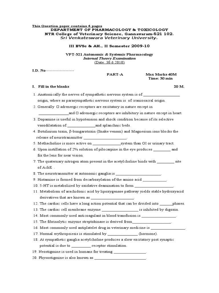 Veterinary Pharmacology ANS Pharmacology Question Paper | PDF ...