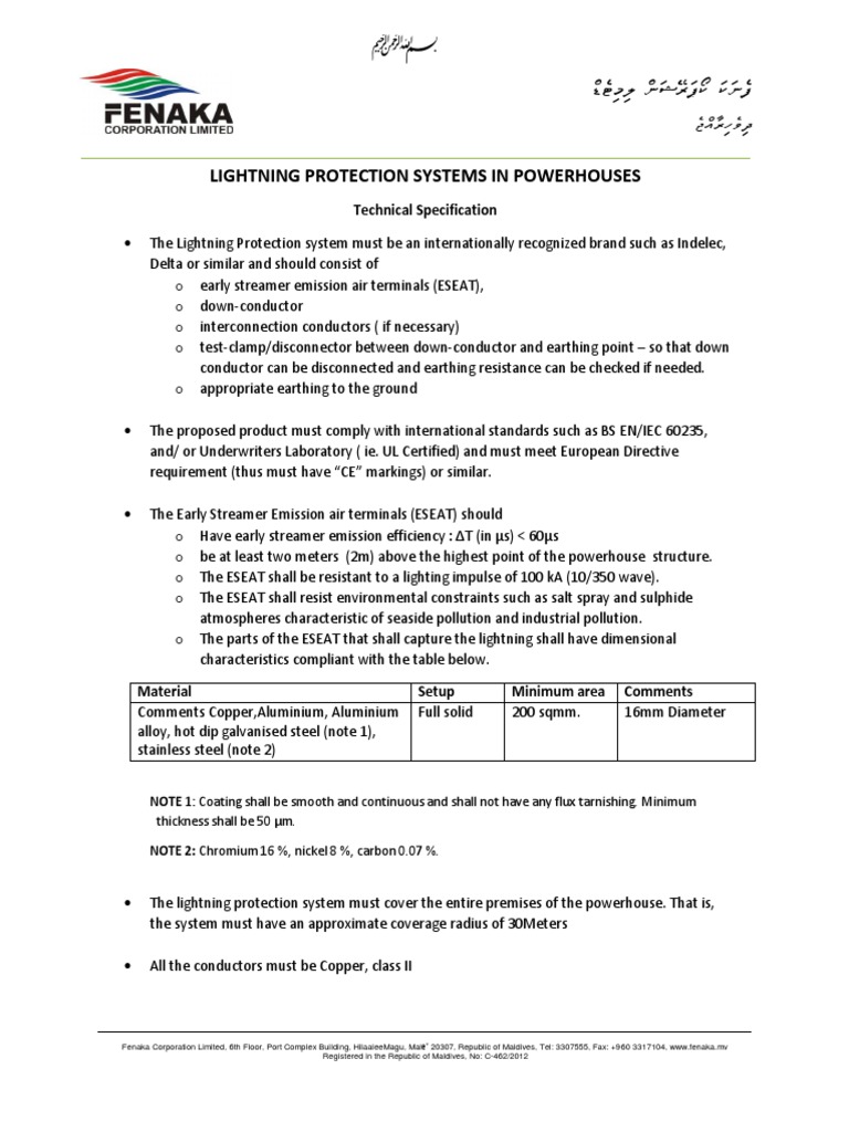 Technical Specification For Lightning Protection System | PDF ...