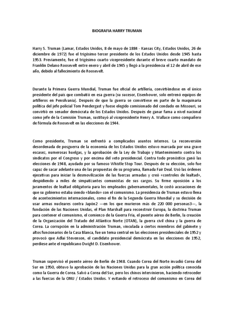 Biografia Harry Truman | PDF | Harry S. Truman | Relaciones internacionales Biografia Harry Truman | PDF | Harry S. Truman | Relaciones internacionales