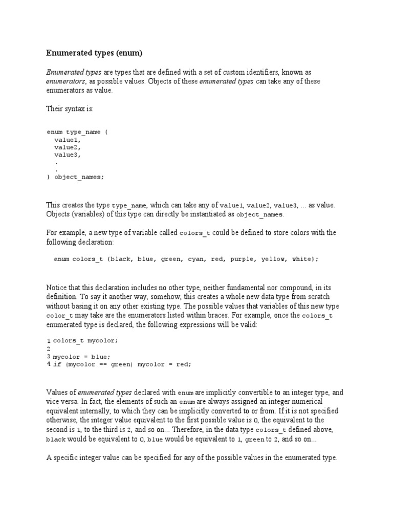 Enumerated Types (Enum) | PDF | Data Type | Areas Of Computer Science