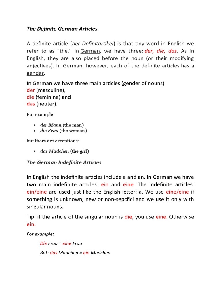 The Definite German Articles: Der Die Das | PDF | Grammatical Gender | Noun