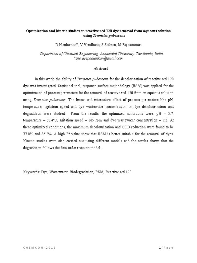 Optimization and Kinetic Studies On Reactive Red 120 Dye Removal From ...
