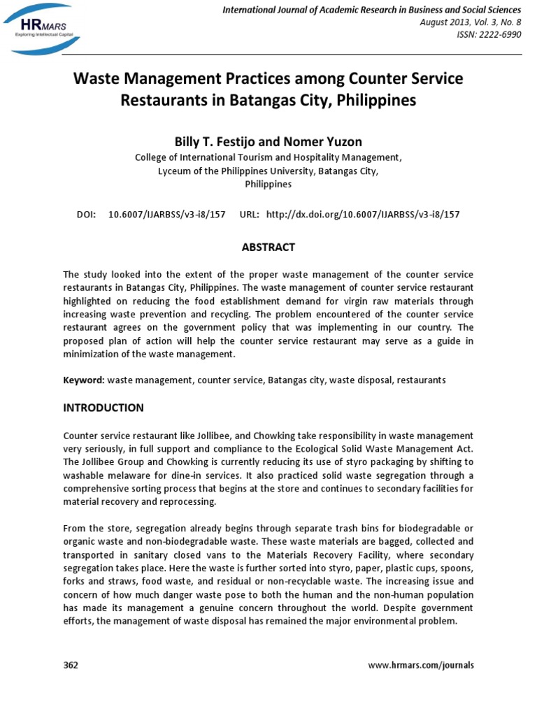 Waste Management Practices Among Counter Service Restaurants in ...