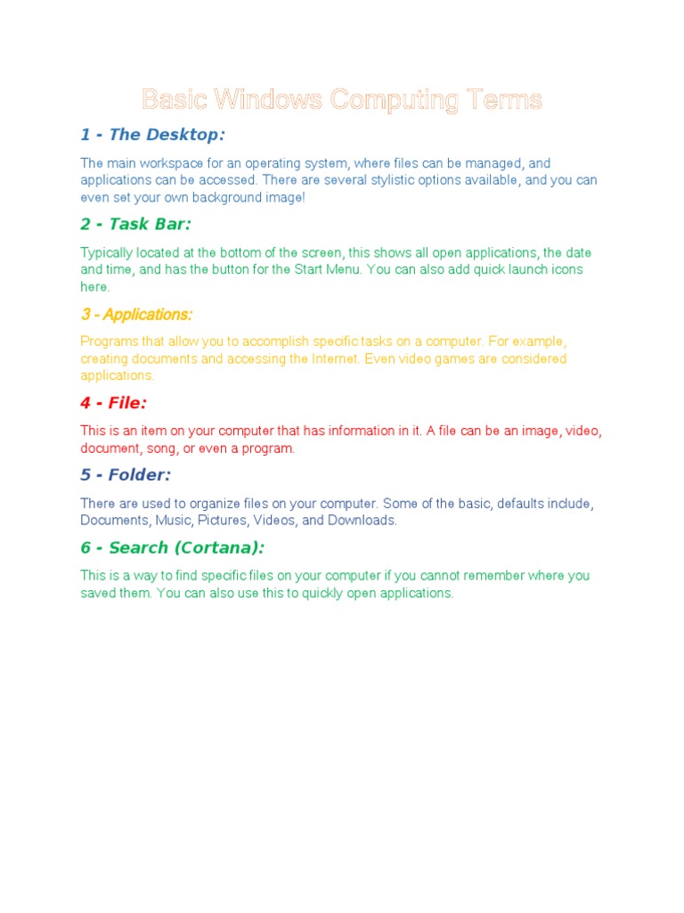 Basic Windows Computing Terms: 1 - The Desktop | PDF
