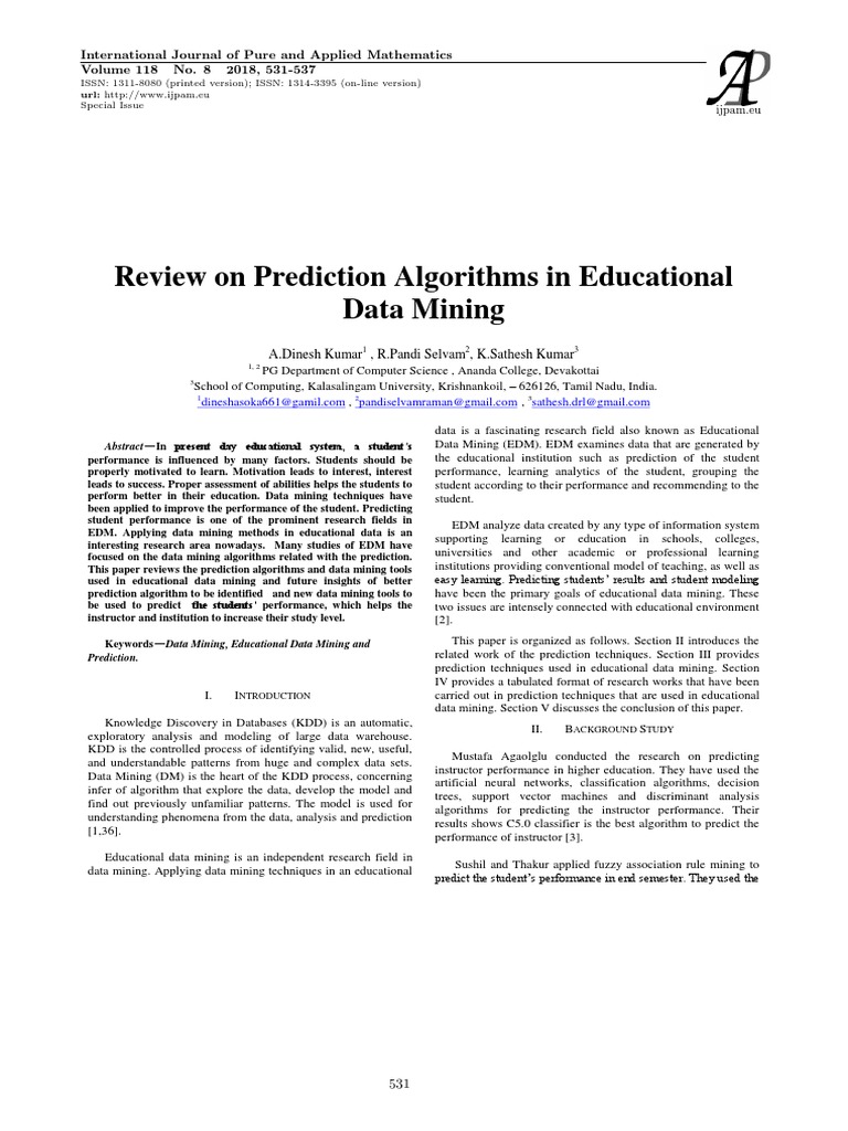Review On Prediction Algorithms in Educational Data Mining: A.Dinesh ...