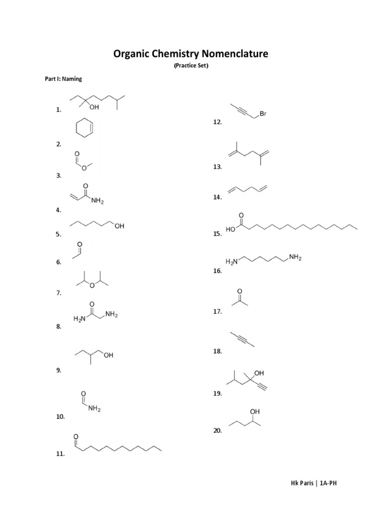 Organic Chemistry Nomenclature Practice: A Collection of Compounds to ...