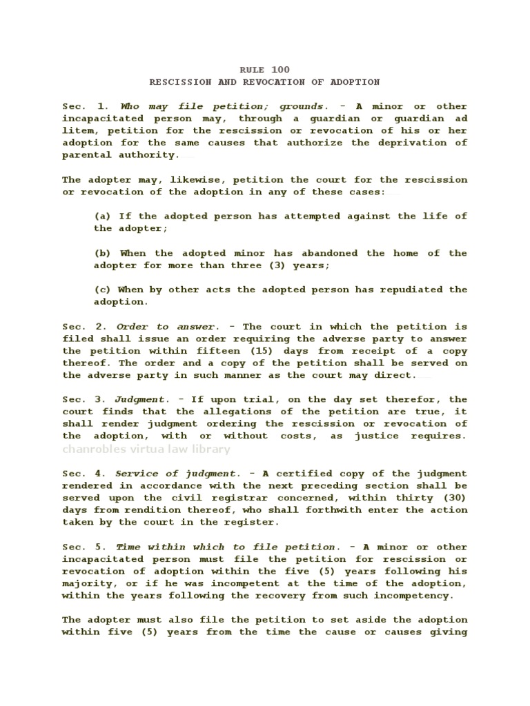 RULE 100 Rescission and Revocation of Adoption: Chanrobles Virtua Law ...
