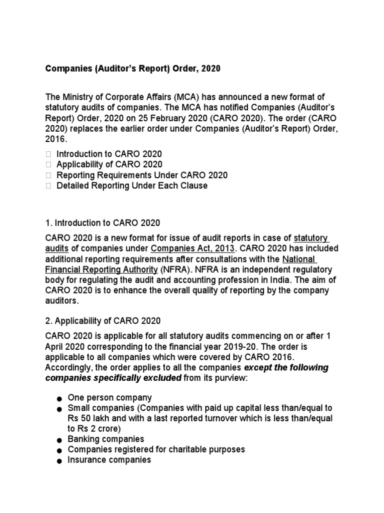 Companies (Auditor's Report) Order, 2020: Companies Specifically ...