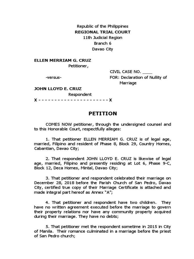 Petition For Annulment of Marriage | PDF | Social Institutions | Social ...