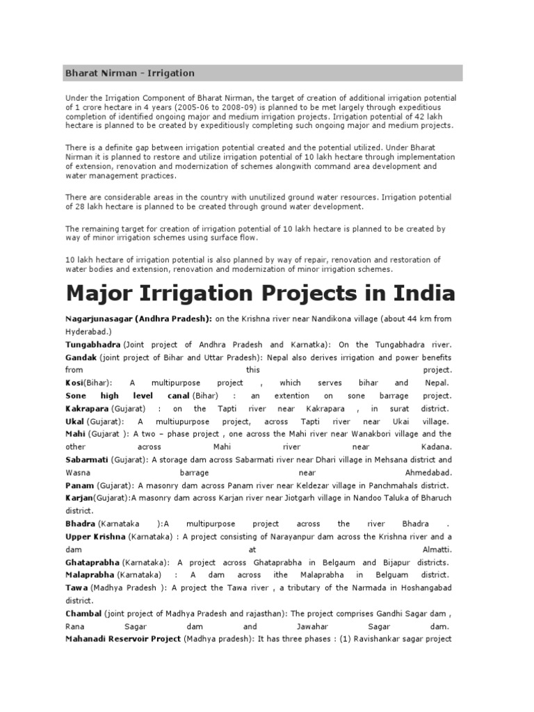 Major Irrigation Projects in India: Providing Details on the Goals ...