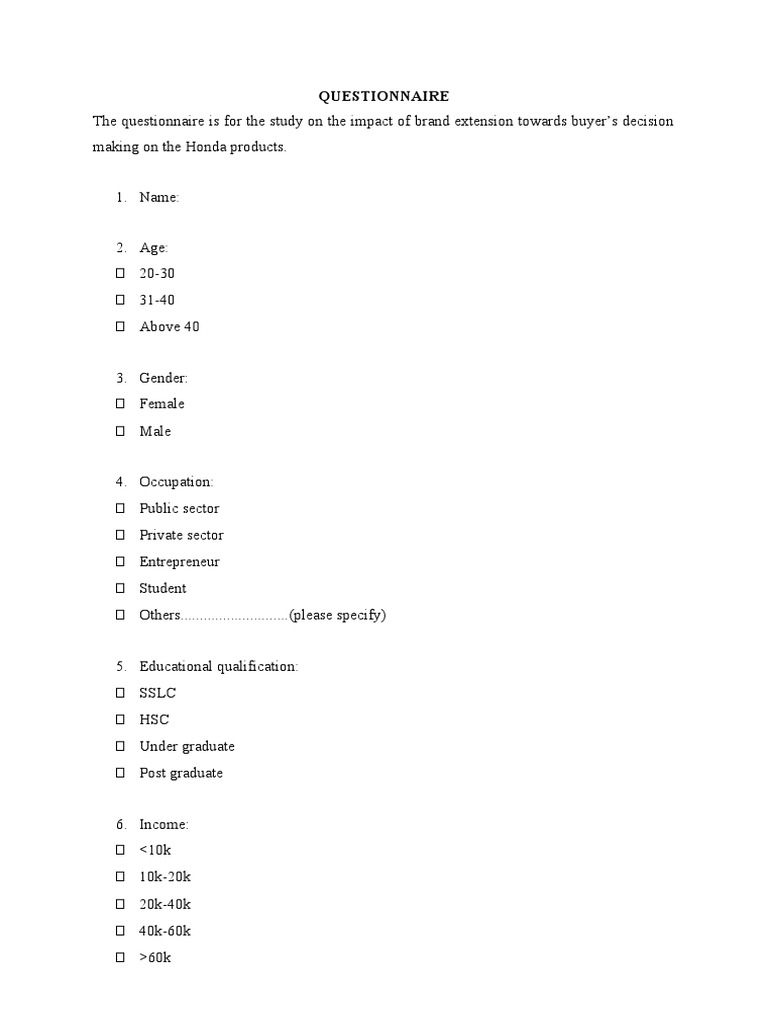 Questionnaire | PDF | Motorcycle | Honda