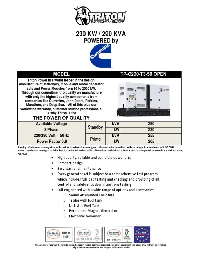 290 kVA Cummins Diesel Generator Set Non EPA 50Hz TP C290 T3 50 | PDF | Diesel Engine ...