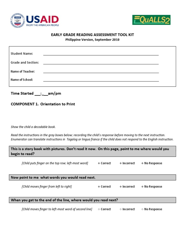 Early Grade Reading Assessment Tool Kit: Student Name: Grade and ...