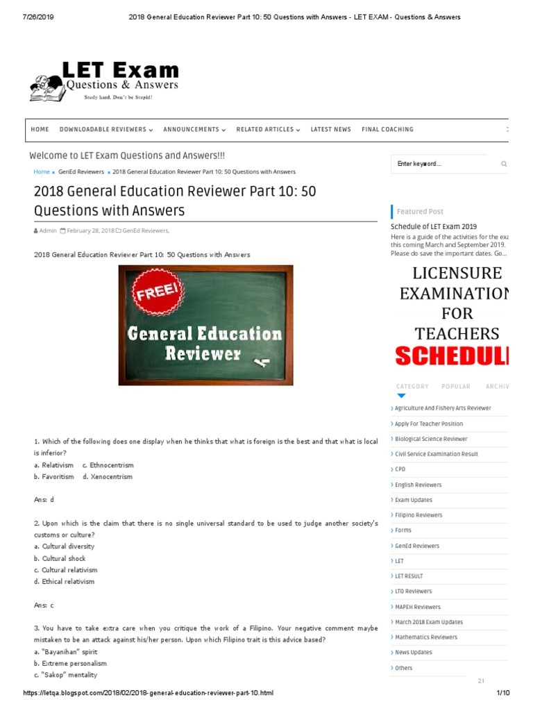 2018 General Education Reviewer Part 10 - 50 Questions With Answers ...