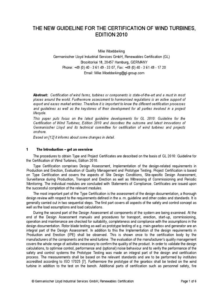 The New Guideline For The Certification of Wind Turbines, EDITION 2010 ...
