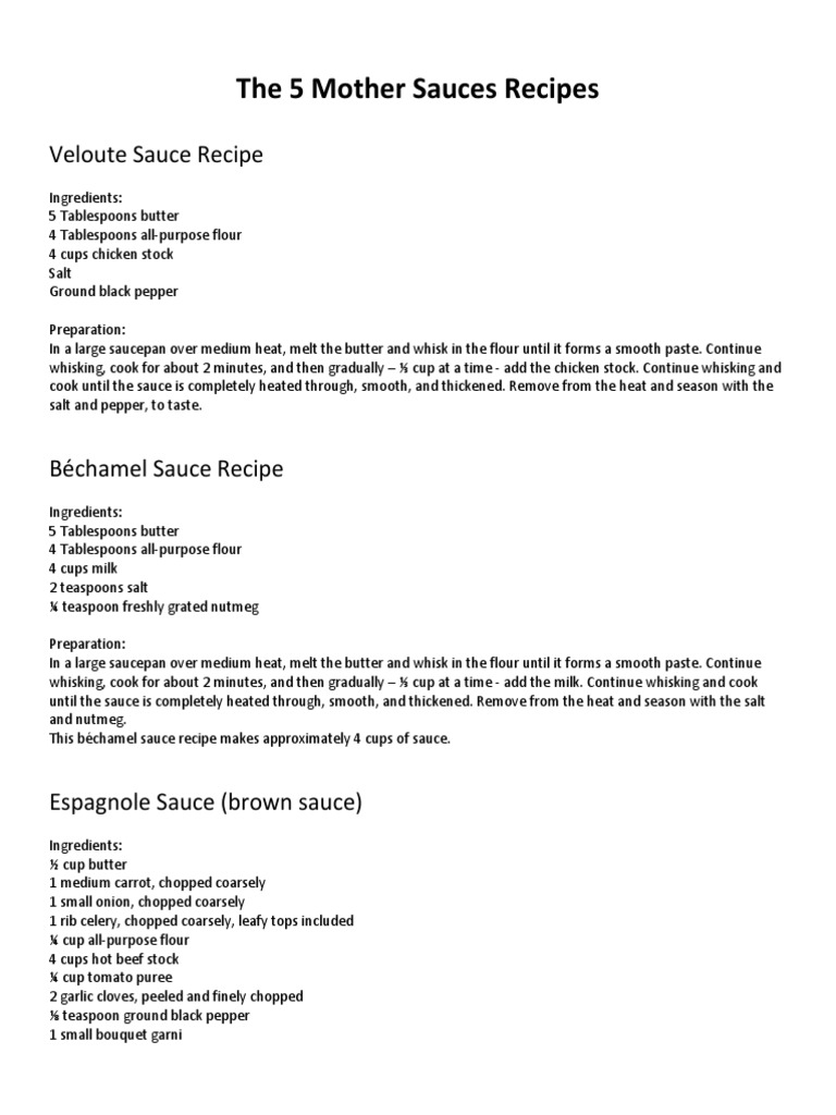 5 Mother Sauces Recipes | PDF | Tomato Sauce | Butter