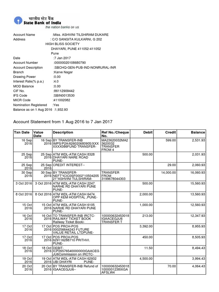 Account Statement From 1 Aug 2016 To 7 Jan 2017 Txn Date Value Date Description Ref No Cheque