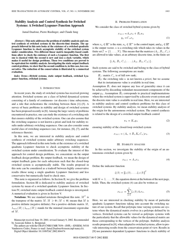 Stability Analysis and Control Synthesis For Switched Systems: A Switched Lyapunov Function ...