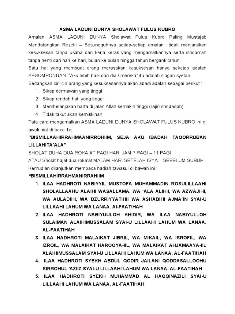 Asma Laduni Dunya Sholawat Fulus Kubro | PDF