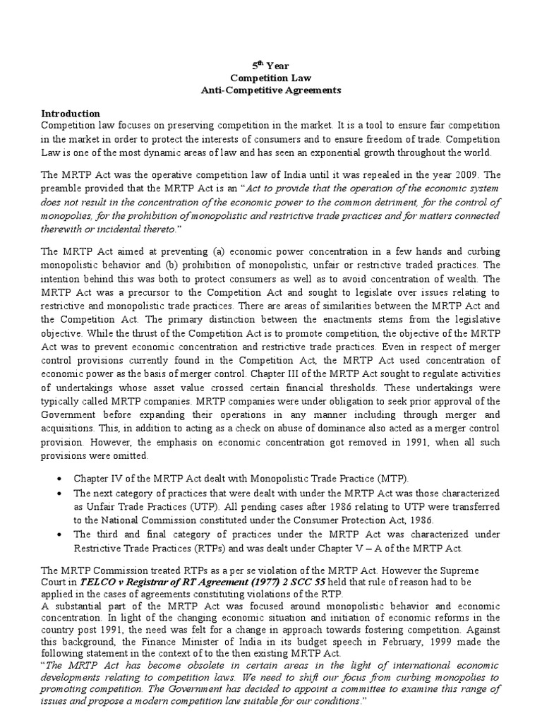 Competition Law in India - From MRTP Act to Competition Act | PDF | Competition Law | Competition