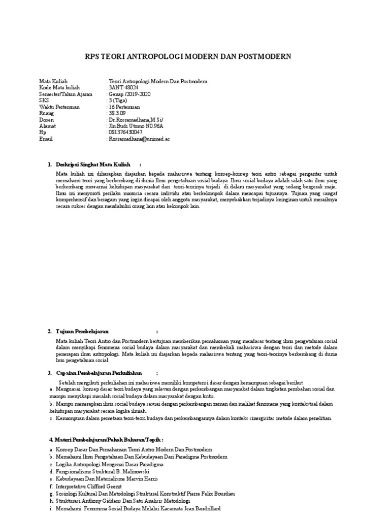 RPS Teori Antropologi Modern Dan Postmodern | PDF