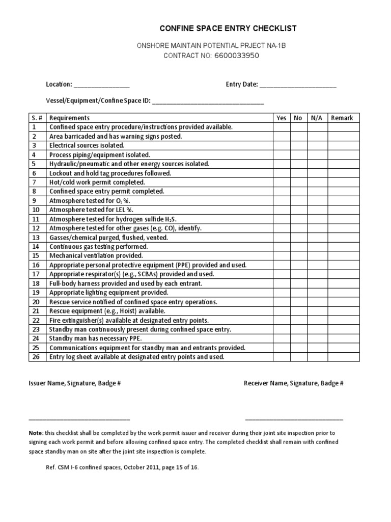 Confined Space Entry Checklist | Download Free PDF | Safety | Gases