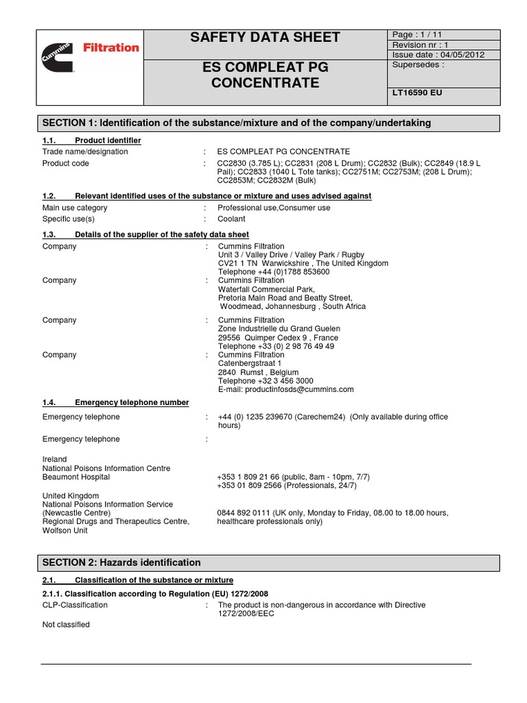 Safety Data Sheet Es Compleat PG Concentrate | PDF | Firefighting ...