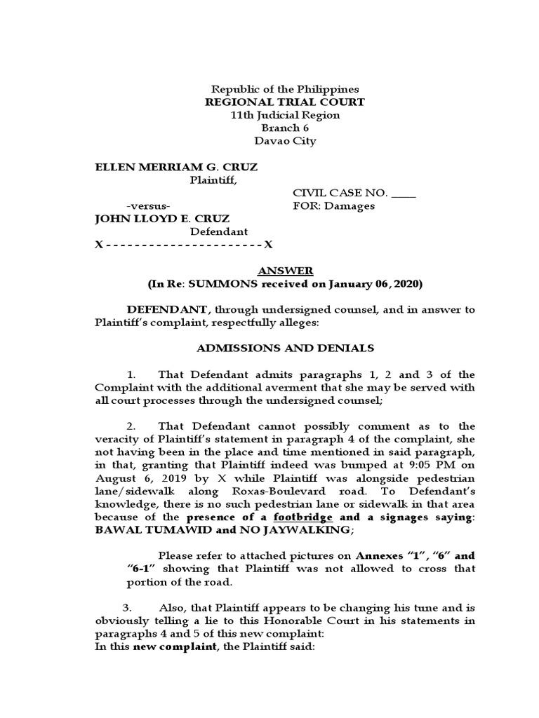 Sample Answer with Affirmative Defenses | PDF | Pleading | Complaint