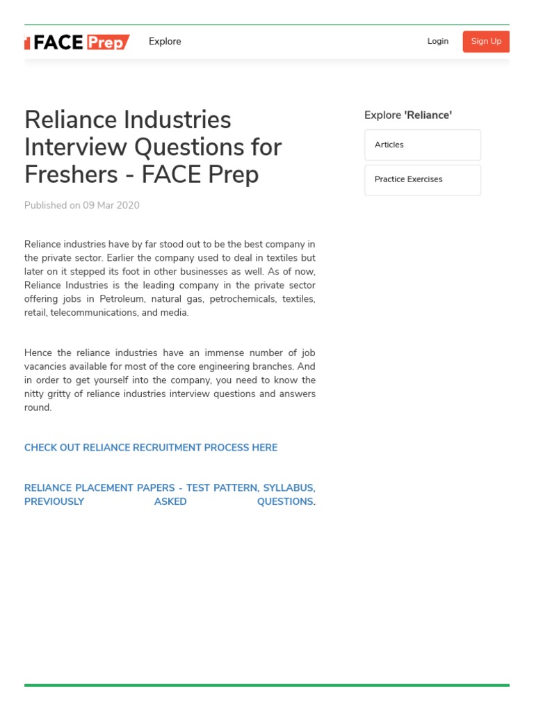 WWW Faceprep in Reliance Reliance Industries Interview Questions | PDF | Interview | Question