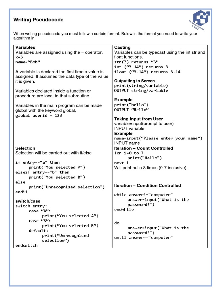 Writing Pseudocode Variables Casting Pdf Subroutine Variable Computer Science 