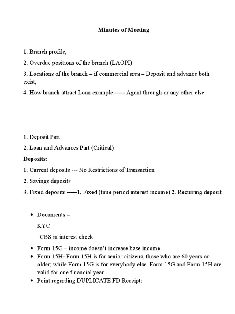 Branch Meeting Minutes: Deposits & Loans | PDF