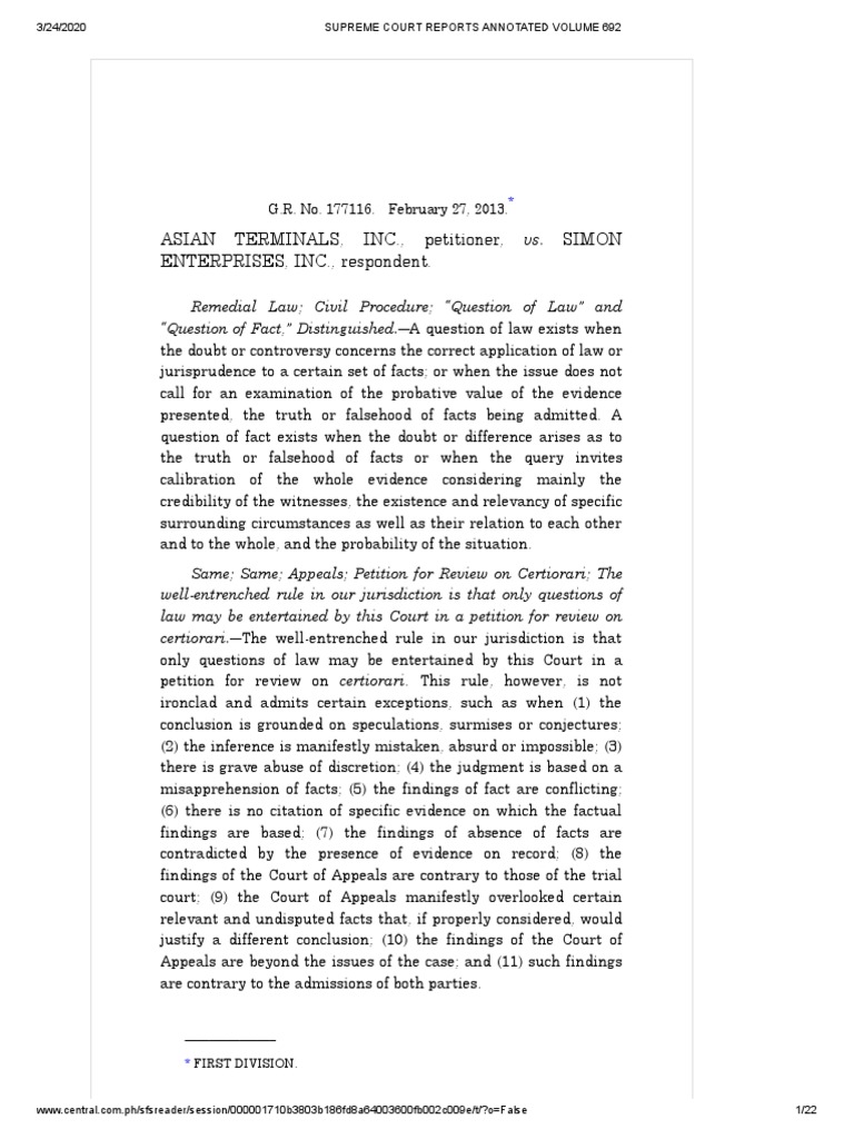 Asian Terminals vs. Simon Enterprises | PDF | Question Of Law | Bill Of ...