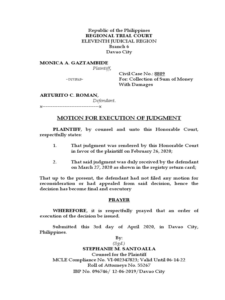 Motion For Execution of Judgment: Regional Trial Court | PDF Motion For Execution of Judgment: Regional Trial Court | PDF