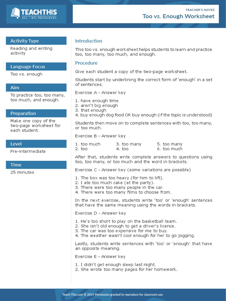 Too Vs Enough Worksheet | PDF | English As A Second Or Foreign Language ...