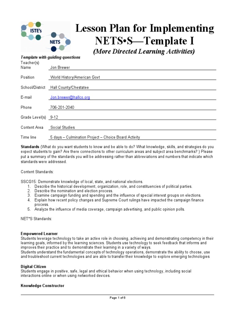 Lesson Plan For Implementing NETS - S-Template I: (More Directed ...