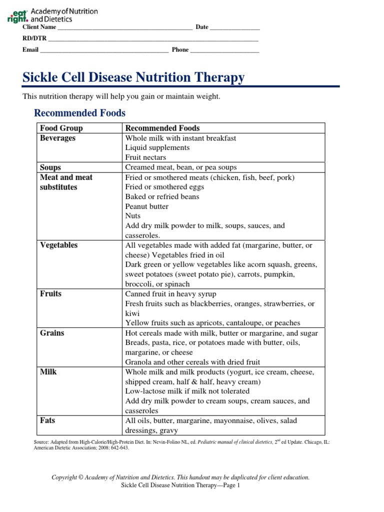 Sickle Cell Disease Nutrition Therapy: Recommended Foods | PDF | Meal ...
