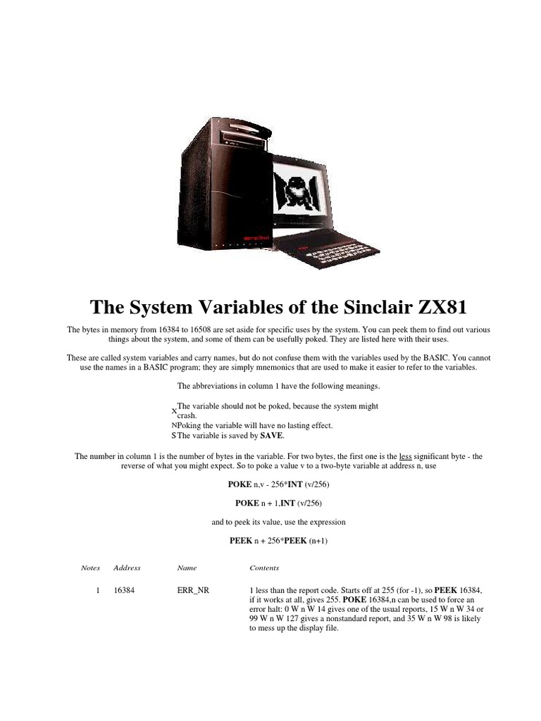 The System Variables of The Sinclair ZX81: Notes Address Name ...