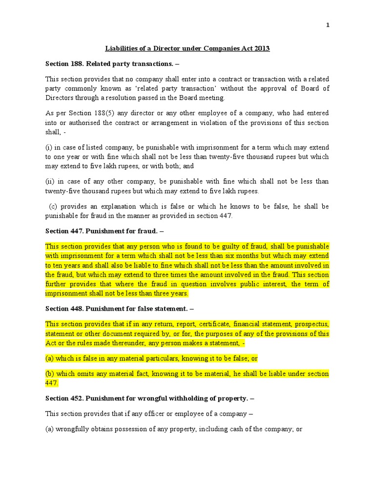 Liabilities and Duties of A Director Under Companies Act 2013 | PDF ...