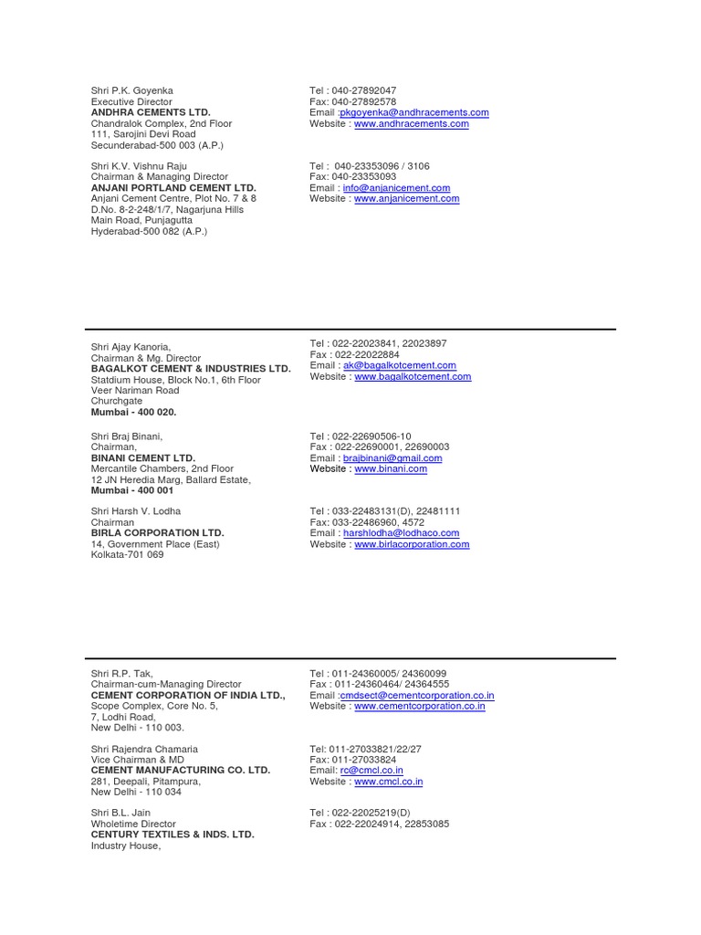 Cement Industry Contacts | PDF | Economy Of India | Companies