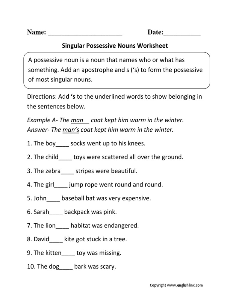 Singular Possessive Nouns Worksheet | PDF | Home & Garden