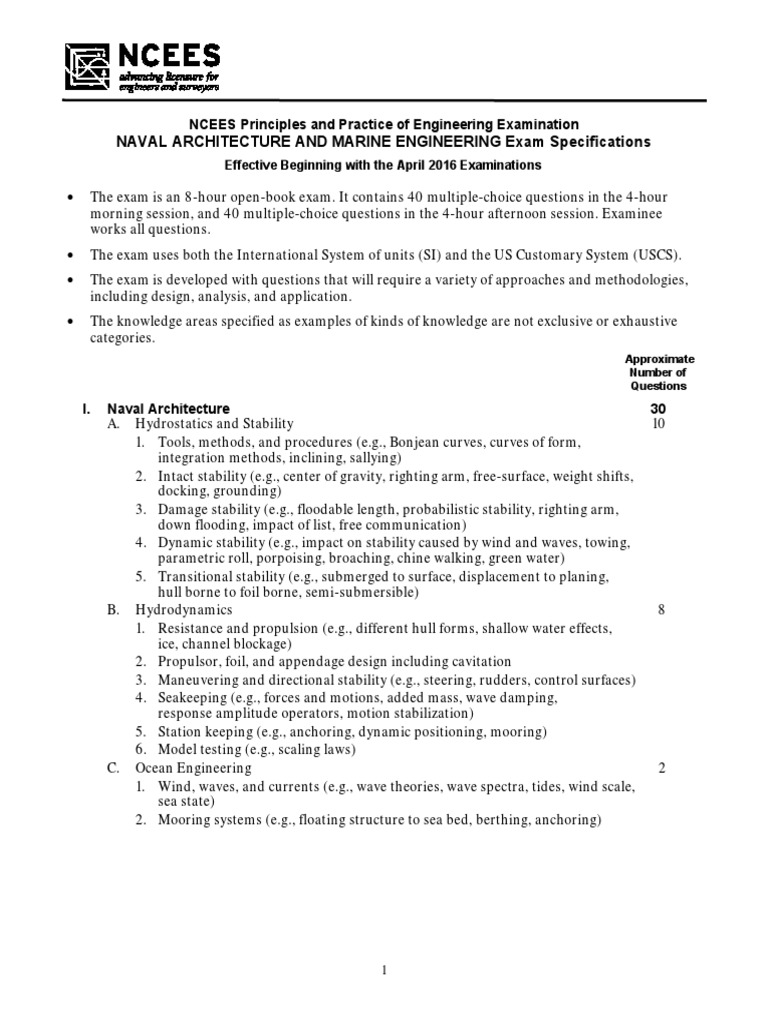 Naval Architecture and Marine Engineering Exam Specifications | PDF ...